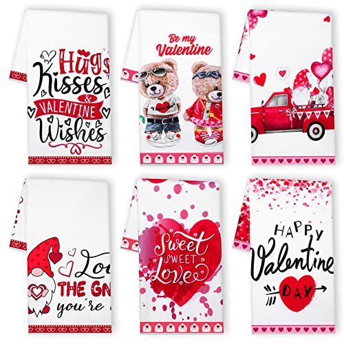 6 Pack Valentine's Day Kitchen Towels Love Heart Hand Dish Towels Valentine Romantic Tea Towels Sweet Soft Dishcloths Towels for Bathroom Anniversary Wedding Gifts Home Party Decor, 23.6 x 15.7 Inches