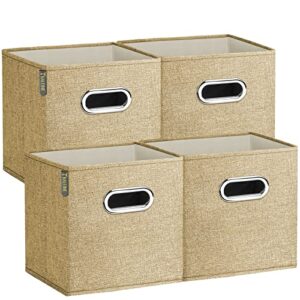 BALEINE Premium Foldable Cube Storage Bins, Collapsible Linen Fabric Cube Organizer with Aluminum Handles, 10.5" x 10.5" x11" Heavy Duty Cube Baskets, Beige 4 Pack