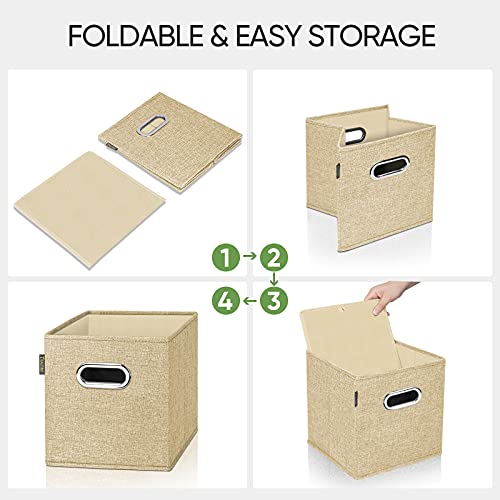 BALEINE Premium Foldable Cube Storage Bins, Collapsible Linen Fabric Cube Organizer with Aluminum Handles, 10.5" x 10.5" x11" Heavy Duty Cube Baskets, Beige 4 Pack