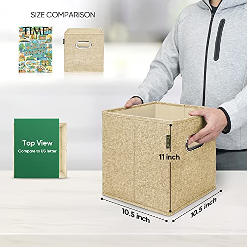 BALEINE Premium Foldable Cube Storage Bins, Collapsible Linen Fabric Cube Organizer with Aluminum Handles, 10.5" x 10.5" x11" Heavy Duty Cube Baskets, Beige 4 Pack