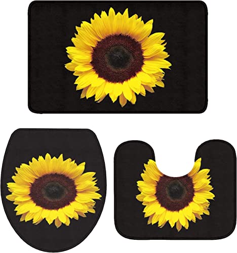 Apular Fashion 3 Piece Bath Rugs Set Farmhouse Yellow Sunflower Non Slip Ultra Soft Bathroom Accessories Mats, U Shape Mat and Toilet Lid Cover Mat Bath Mats