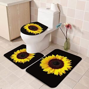 Apular Fashion 3 Piece Bath Rugs Set Farmhouse Yellow Sunflower Non Slip Ultra Soft Bathroom Accessories Mats, U Shape Mat and Toilet Lid Cover Mat Bath Mats