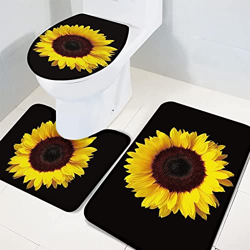 Apular Fashion 3 Piece Bath Rugs Set Farmhouse Yellow Sunflower Non Slip Ultra Soft Bathroom Accessories Mats, U Shape Mat and Toilet Lid Cover Mat Bath Mats