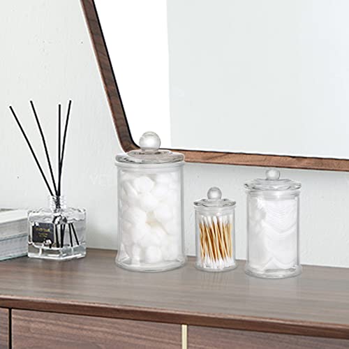 Suwimut Set of 3 Glass Apothecary Jars with Lids, Bathroom Vanity Storage Organizer Clear Apothecary Jars Qtip Holder Canister Set for Cotton Swabs, Cotton Balls, Makeup Sponges, Bath Salts, Mason Jar Bathroom Accessories Set