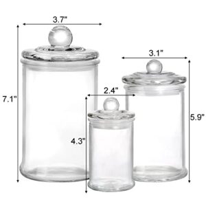 Suwimut Set of 3 Glass Apothecary Jars with Lids, Bathroom Vanity Storage Organizer Clear Apothecary Jars Qtip Holder Canister Set for Cotton Swabs, Cotton Balls, Makeup Sponges, Bath Salts, Mason Jar Bathroom Accessories Set