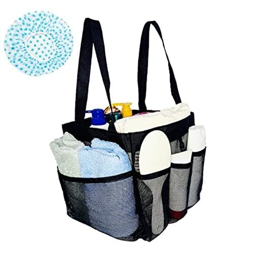 Mesh Shower Caddy Portable for College Dorm – Quick Dry Hanging Shower Bag for Bathroom, Beach, Swimming & Gym – Shower Tote Double Handles with Oxford Base, 8-Pockets & 2 key Chain Holder –Shower Cap