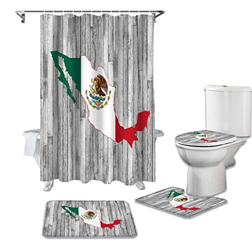 BestLives 4 Pcs Shower Curtain Sets with Rugs Mexican Flag Non-Slip Soft Toilet Lid Cover for Bathroom Mexico Map Eagle Totem Wood Grain Bathroom Sets with Bath Mat and 12 Hooks