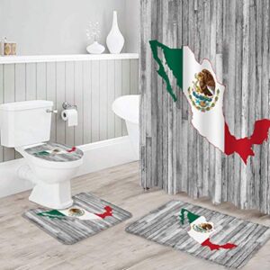 BestLives 4 Pcs Shower Curtain Sets with Rugs Mexican Flag Non-Slip Soft Toilet Lid Cover for Bathroom Mexico Map Eagle Totem Wood Grain Bathroom Sets with Bath Mat and 12 Hooks