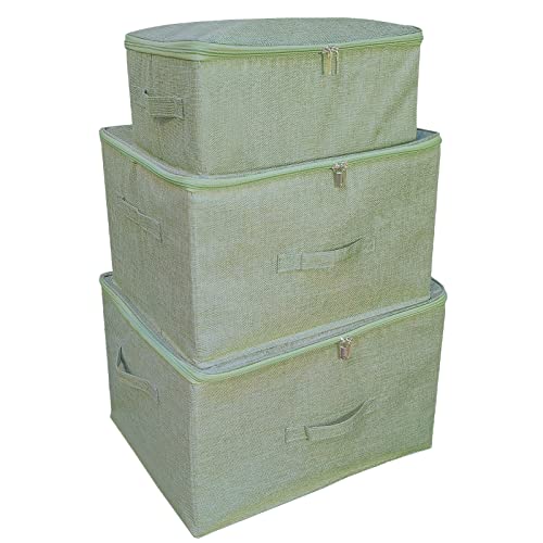 Foldable Storage Bin Foldable Zipper Storage Box Fabric Storage Clothing Storage Bags Clothes Bin Sweater Storage Winter Clothes Storage Linen Closet Organizers and Storage -3 pack (Green)