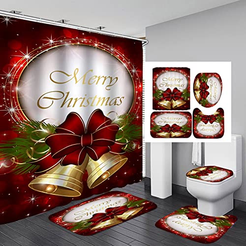 4 Pieces Merry Christmas Shower Curtain Set with Rugs, Toilet Lid Cover Bath Mat, 3D Xmas Shower Curtain with 12 Hooks,Shower Curtain for Bathroom, Fabric Bathroom Curtain Shower Set for Chirstmas