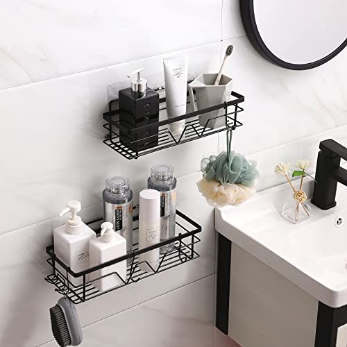 WOSOMOK Adhesive Shower Caddy Black Bathroom Shelf Organizer with 2 Soap Holders No Drilling 2-Pack Stainless Steel Rustproof Shower Basket for Inside Shower Organization & Kitchen Storage