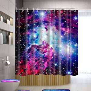 Amagical Galaxy Space Colorful Nebulae Purple Star Sky 16 Piece Bathroom Mat Set Shower Curtain Set Bath Mat Contour Mat Toilet Cover Fabric Shower Curtain with 12 Hooks