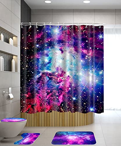 Amagical Galaxy Space Colorful Nebulae Purple Star Sky 16 Piece Bathroom Mat Set Shower Curtain Set Bath Mat Contour Mat Toilet Cover Fabric Shower Curtain with 12 Hooks