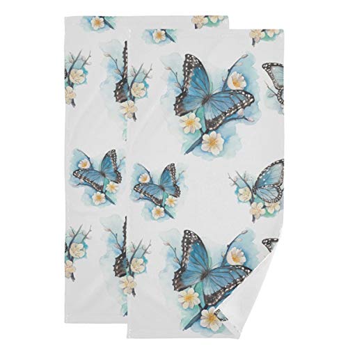 DOMIKING Decorative Hand Towels for Bathroom - Blue Butterfly Cotton Guest Towel Set of 2 Absorbent Washcloths for Hotel Gym Sports Bathroom