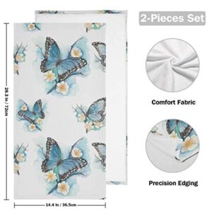 DOMIKING Decorative Hand Towels for Bathroom - Blue Butterfly Cotton Guest Towel Set of 2 Absorbent Washcloths for Hotel Gym Sports Bathroom