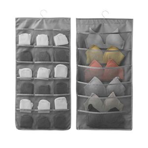 airgame storage hanging bag with metal hanger, dual-sided hanging storage organiser for underwear, stocking,bra and sock (6+18 pockets, gray)