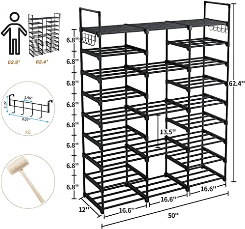 HOSTARME 9 Tiers Shoe Rack for Closet Entryway, Free Standing Racks Shelf Large Storge Organizer 50-55 Pairs and Boots with Versatile Hooks Hammer Bedroom Hallway, Black