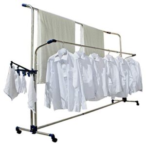 Hershii Clothes Garment Rack on Wheels Heavy Duty Double Rail Adjustable Extendable Rods Rolling Laundry Drying Rack Hanging Pole with 24 Clips