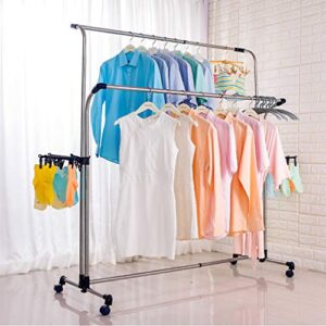 hershii clothes garment rack on wheels heavy duty double rail adjustable extendable rods rolling laundry drying rack hanging pole with 24 clips