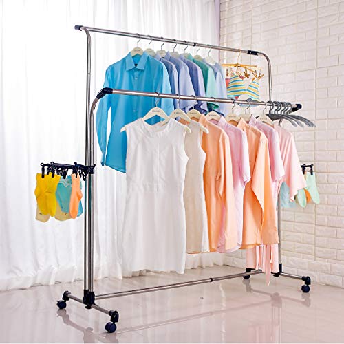 Hershii Clothes Garment Rack on Wheels Heavy Duty Double Rail Adjustable Extendable Rods Rolling Laundry Drying Rack Hanging Pole with 24 Clips