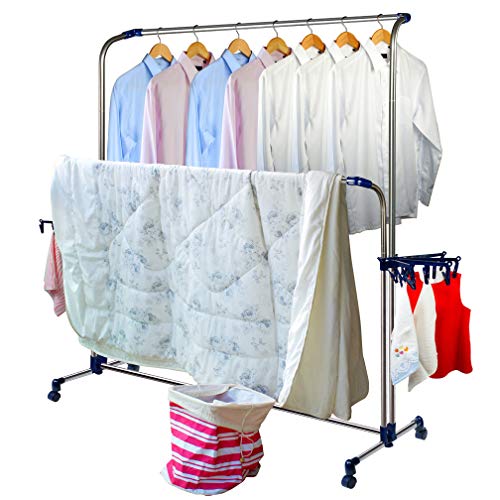 Hershii Clothes Garment Rack on Wheels Heavy Duty Double Rail Adjustable Extendable Rods Rolling Laundry Drying Rack Hanging Pole with 24 Clips