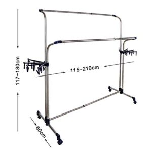 Hershii Clothes Garment Rack on Wheels Heavy Duty Double Rail Adjustable Extendable Rods Rolling Laundry Drying Rack Hanging Pole with 24 Clips