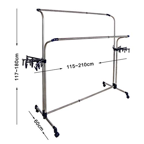 Hershii Clothes Garment Rack on Wheels Heavy Duty Double Rail Adjustable Extendable Rods Rolling Laundry Drying Rack Hanging Pole with 24 Clips