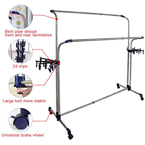 Hershii Clothes Garment Rack on Wheels Heavy Duty Double Rail Adjustable Extendable Rods Rolling Laundry Drying Rack Hanging Pole with 24 Clips