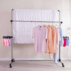 Hershii Clothes Garment Rack on Wheels Heavy Duty Double Rail Adjustable Extendable Rods Rolling Laundry Drying Rack Hanging Pole with 24 Clips