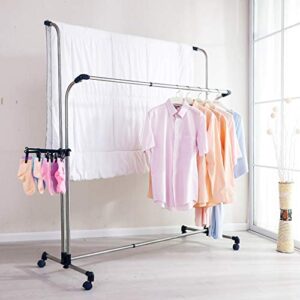 Hershii Clothes Garment Rack on Wheels Heavy Duty Double Rail Adjustable Extendable Rods Rolling Laundry Drying Rack Hanging Pole with 24 Clips