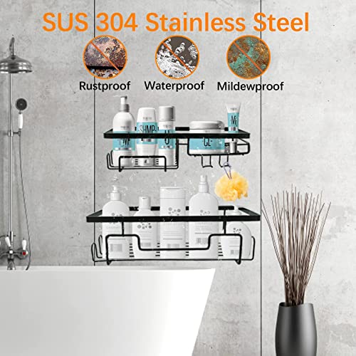 SENLLY Shower Caddy, Shower Caddy Basket Shelf with Hooks for Hanging, Adhesive Shampoo Bathroom Inside Shower Storage Organizer, SUS304 Stainless Steel Rack Tile Wall Mounted (No Drilling, Black)