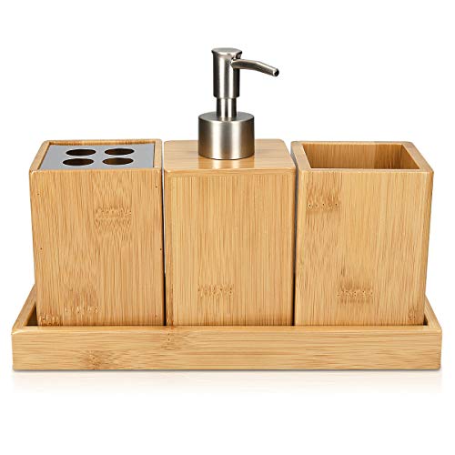 Navaris Bamboo Bathroom Accessories Set - 4-Piece Bath Set with Toothbrush Holder, Soap Dispenser, Storage Container, Organiser Tray - Natural Wood