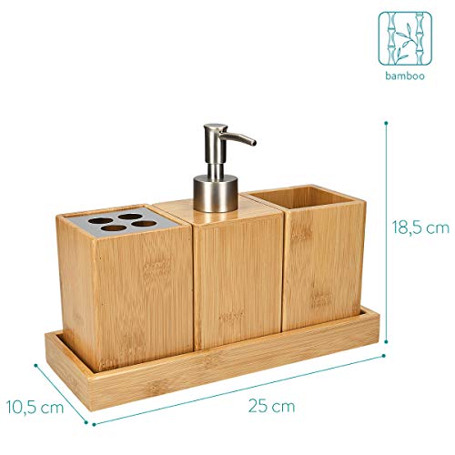 Navaris Bamboo Bathroom Accessories Set - 4-Piece Bath Set with Toothbrush Holder, Soap Dispenser, Storage Container, Organiser Tray - Natural Wood