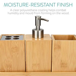 Navaris Bamboo Bathroom Accessories Set - 4-Piece Bath Set with Toothbrush Holder, Soap Dispenser, Storage Container, Organiser Tray - Natural Wood