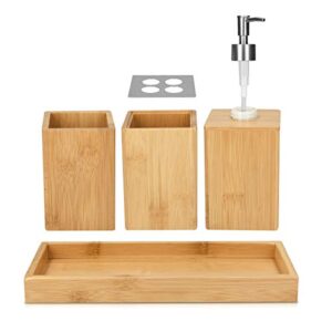 Navaris Bamboo Bathroom Accessories Set - 4-Piece Bath Set with Toothbrush Holder, Soap Dispenser, Storage Container, Organiser Tray - Natural Wood