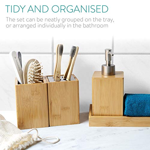 Navaris Bamboo Bathroom Accessories Set - 4-Piece Bath Set with Toothbrush Holder, Soap Dispenser, Storage Container, Organiser Tray - Natural Wood