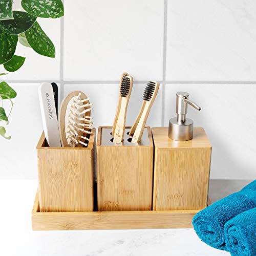 Navaris Bamboo Bathroom Accessories Set - 4-Piece Bath Set with Toothbrush Holder, Soap Dispenser, Storage Container, Organiser Tray - Natural Wood