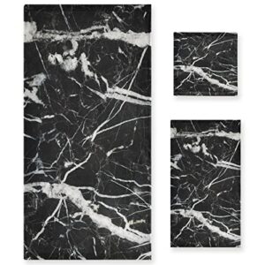 naanle black and white marble towel 3 piece set bath towels set for bathroom highly absorbent cotton, 1 large bath towel+ 1 hand towel+ 1 washcloth, pack of 3 softness towels for decoration