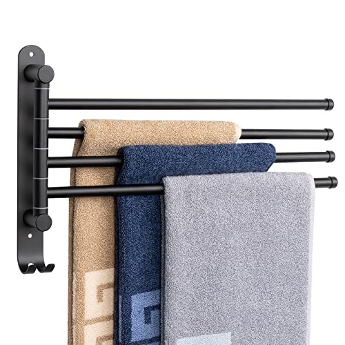 NearMoon Swivel Towel Rack, Thicken SUS304 Stainless Steel 4-Arm Towel Bar, Space Saving Wall Mounted Towel Holder with Hook, Rustproof Swing Out Towel Hanger for Bathroom, Kitchen (Matte Black)