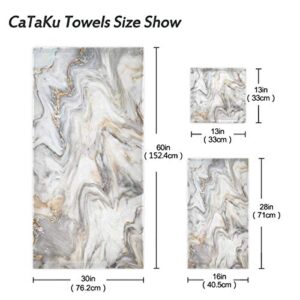 CaTaKu Towel Bathroom Sets, Marble Towels 3-Piece, 1 Bath Towel, 1 Washcloth, 1 Hand Towel, White and Gold Decorative Towel Set of 3 Soft Luxury for Home Kitchen Hotel Gym Swim Spa