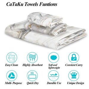 CaTaKu Towel Bathroom Sets, Marble Towels 3-Piece, 1 Bath Towel, 1 Washcloth, 1 Hand Towel, White and Gold Decorative Towel Set of 3 Soft Luxury for Home Kitchen Hotel Gym Swim Spa