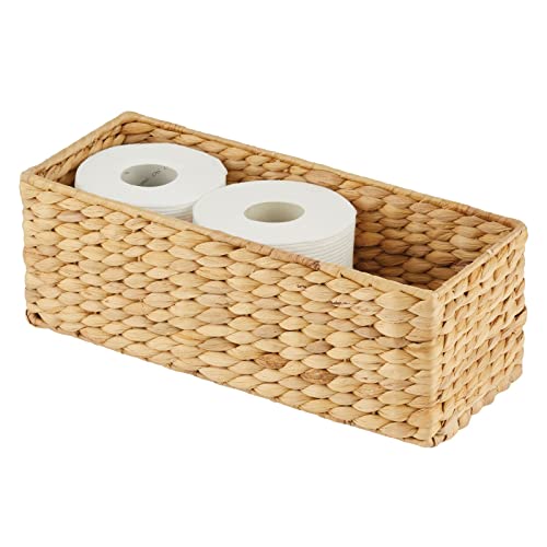 mDesign Woven Hyacinth Narrow Bathroom Toilet Roll Holder Storage Organizer Basket Bin - Rectangle Containers for Bathroom, Toilet Tank - Hold 3 Rolls of Toilet Paper - Natural/Tan