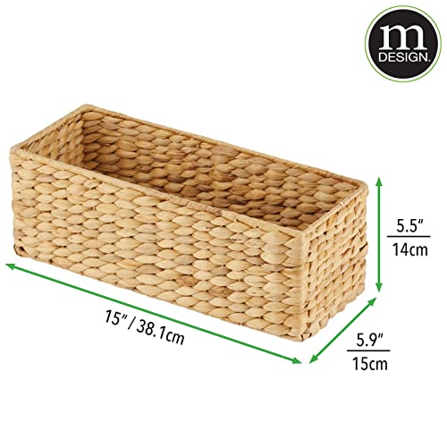 mDesign Woven Hyacinth Narrow Bathroom Toilet Roll Holder Storage Organizer Basket Bin - Rectangle Containers for Bathroom, Toilet Tank - Hold 3 Rolls of Toilet Paper - Natural/Tan