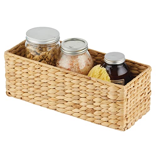 mDesign Woven Hyacinth Narrow Bathroom Toilet Roll Holder Storage Organizer Basket Bin - Rectangle Containers for Bathroom, Toilet Tank - Hold 3 Rolls of Toilet Paper - Natural/Tan