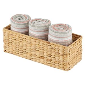 mDesign Woven Hyacinth Narrow Bathroom Toilet Roll Holder Storage Organizer Basket Bin - Rectangle Containers for Bathroom, Toilet Tank - Hold 3 Rolls of Toilet Paper - Natural/Tan