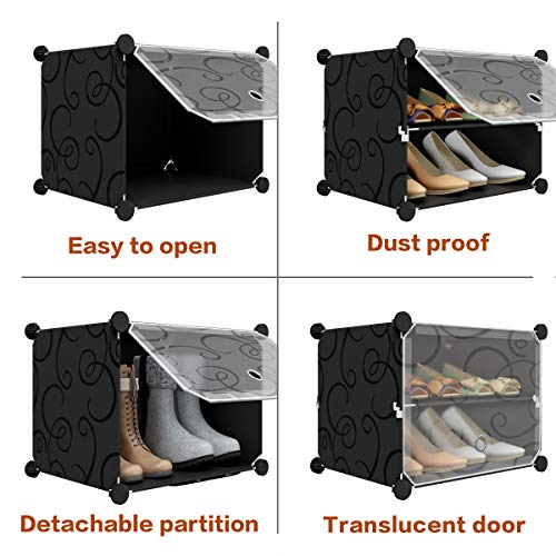 KOUSI Portable Shoe Rack Organizer 12 Grids Tower Shelf Storage Cabinet Stand Expandable for Heels, Boots, Slippers, Black