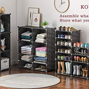 KOUSI Portable Shoe Rack Organizer 12 Grids Tower Shelf Storage Cabinet Stand Expandable for Heels, Boots, Slippers, Black