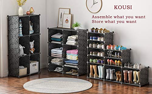 KOUSI Portable Shoe Rack Organizer 12 Grids Tower Shelf Storage Cabinet Stand Expandable for Heels, Boots, Slippers, Black