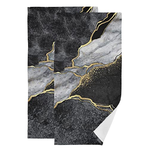 ALAZA Set of 2 Premium Polyester Cotton Hand Towels Abstract Black Grey Gold Marble, Highly Absorbent,28.3 x 14.4in(238ri4a)