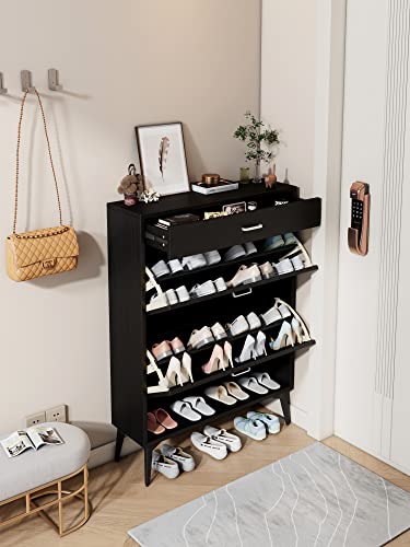 pazezog Shoe Storage Cabinet for Entryway, Shoe Cabinet with 2 Flip Drawers and 1 Storage Drawer, Freestanding Shoe Rack Storage Organizer with Adjustable Shelf for Entryway (Black)